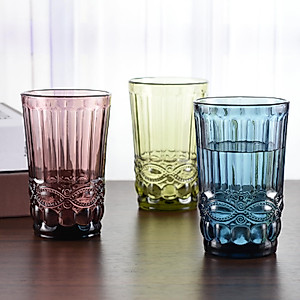 Wongblee Colored Drinking Glasses 10.8 Oz, Vintage Embossed Multicolored Glassware, Romantic Tumblers Glass for Water, Juice, Beverages, Pack of 4