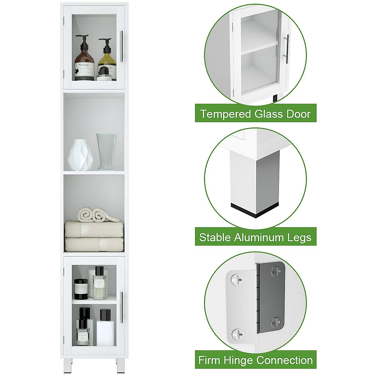 Tangkula Tall Bathroom Cabinet, Home Living Room Wood Storage Cabinet Free Standing w/ 4 Shelves and 2 Glass-Paneled Doors Suitable Tall Bathroom Cabinet