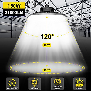 ADUB UFO LED High Bay Light 150W 100W 80W Adjustable, UL Listed High Bay LED Shop Light 3000K 4000K 5000K, IP65 Commercial Dimmable LED Low Bay Lights for Garage Gym Warehouse Lighting, 100-277V