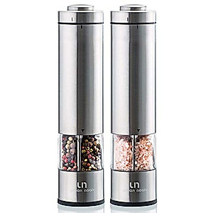 Electric Salt and Pepper Grinder Set - Battery Operated Stainless Steel Mill with Light (2 Mills) - Automatic One Handed Operation - Electronic Adjustable Shakers - Ceramic Grinders