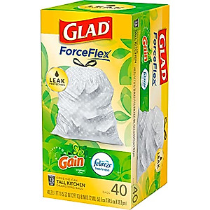 GLAD ForceFlex Tall Drawstring Trash Bags, 13 Gallon White Trash Bags for Tall Kitchen Trash Can, Gain Original Scent to Eliminate Odors, 40 Count