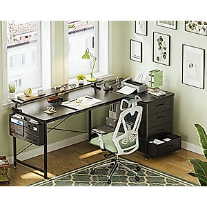 ODK 63 inch L Shaped Computer Desk with USB Charging Port & Power Outlet, Gaming Desk Corner Desk with 4 Tier Drawer & Monitor Shelf for Home Office Workstation, Modern Style Writing Table, Black