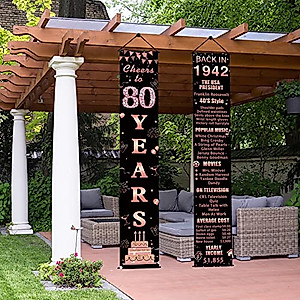 Pimvimcim 80th Birthday Door Banner Backdrop Decorations for Women, Rose Gold Cheers to 80 Years Back in 1942 Party Banner Supplies, Happy 80 Year Old Birthday Door Porch Sign Décor, Black
