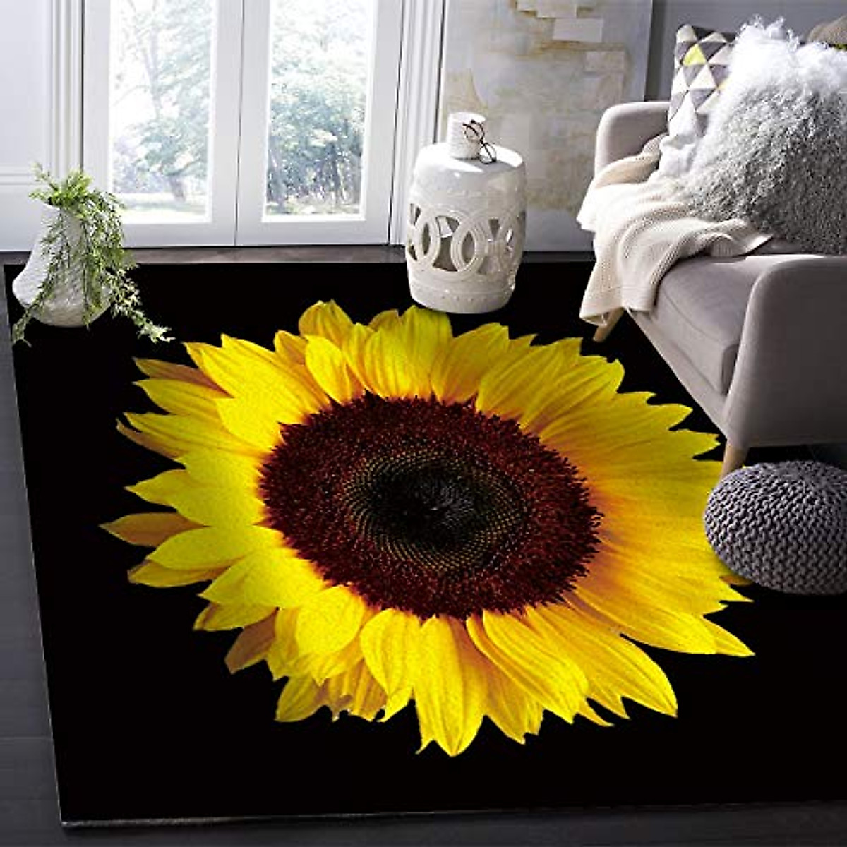 Large Rectangular Area Rugs 5' x 7' Living Room, Farm Sunflower Round Durable Non Slip Rug Carpet Floor Mat for Bedroom Bedside Outdoor Black Backdrop Yellow Floral