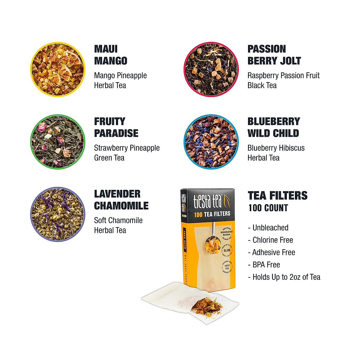 Tiesta Tea - Loose Leaf Kit | Premium Starter Kit Sampler | High to Non Caffeinated | Make Hot & Iced Brews | Starter Set with Black, Green, Herbal Sample Bags and 100 Disposable Tea Filters