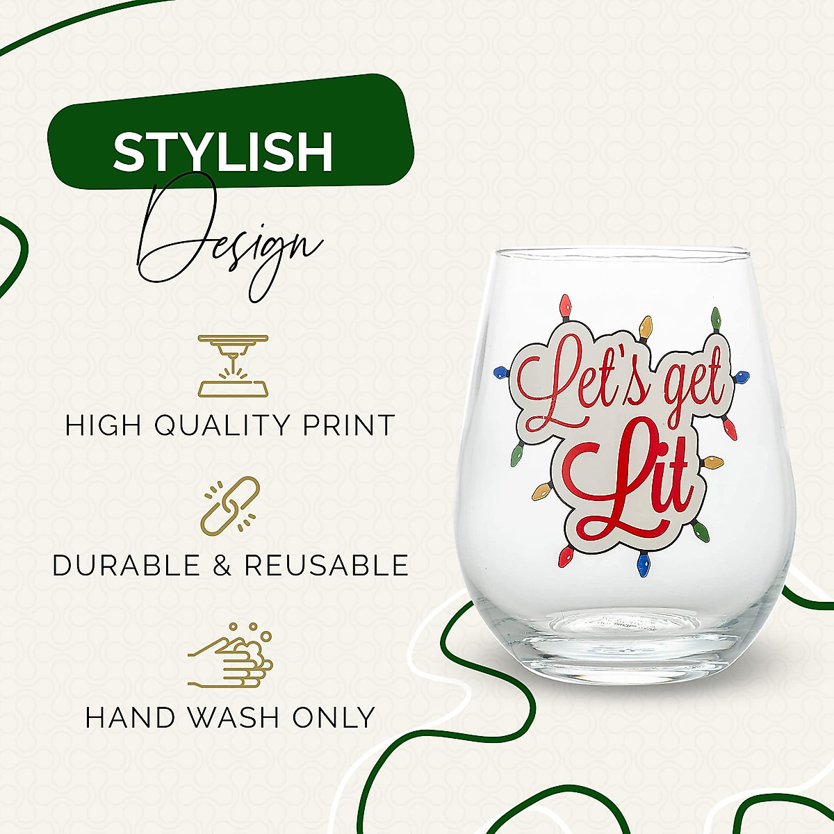 Your Dream Party Shop Let's Get Lit Christmas Wine Glasses, 22 Oz Stemless Wine Glasses, Funny Wine Glass, Holiday Wine Glasses, Christmas Cocktail Glasses, Christmas Drinkware