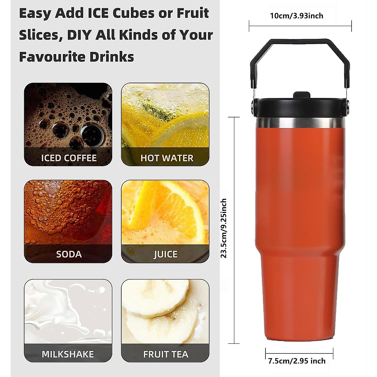 Facdiary 30oz Tumbler With Straw Lid Vacuum Sealed Insulated Cup Reusable Stainless Steel Water Bottle Trave for Water, Iced Tea or Coffee (Orange)