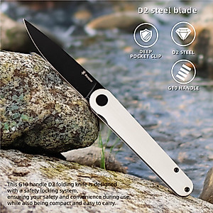 Warspear Terima Front Flipper Folding Knife 3.5" Black PVD D2 Blade White G10 Handle Camping Pocket Knife With Deep Carry Clip Outdoor EDC WP901WH