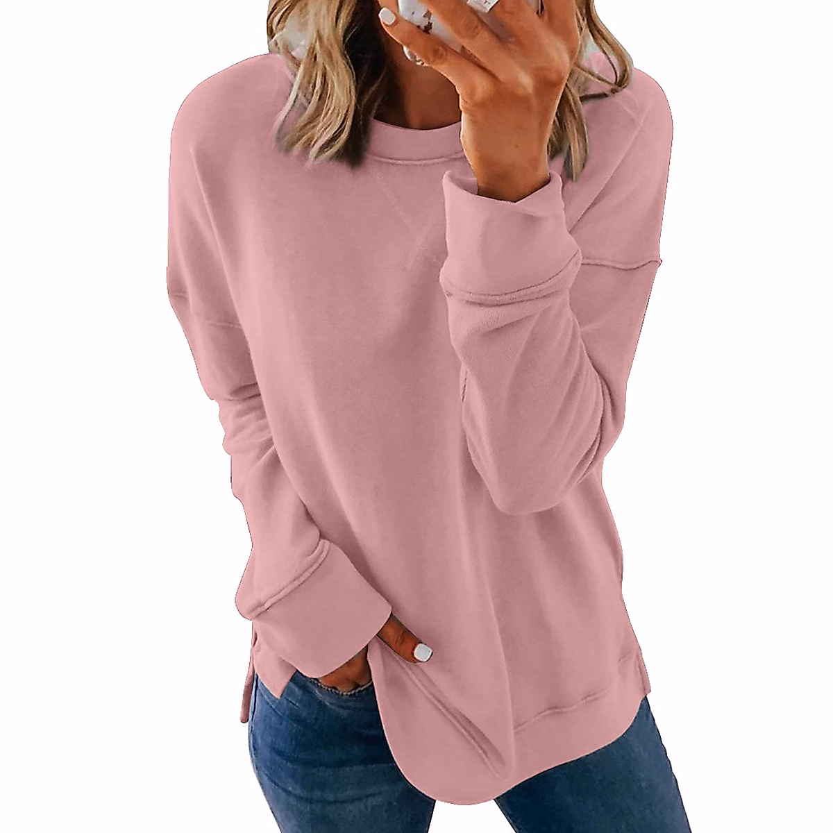 Dokotoo Women's Ladies Casual Long Sleeve Crewneck Sweatshirt Side Split Loose Fit Solid Basic Pullover Tunic Shirts Tops Sweatshirts for Teen Girls 2024 Fashion Fall Pink Medium