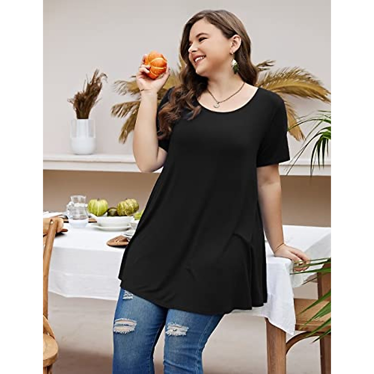 MONNURO Womens Short Sleeve Casual Loose Fit Flare Swing Tunic Tops Basic T-Shirt Plus Size(Black, 3X)