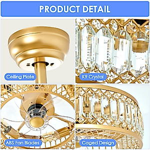 KOKAiZeeKi Gold Crystal Caged Ceiling Fans with Light, 18" Bladeless Ceiling Fan with Remote Control, 6 Speed Low Profile Enclosed Ceiling Fan with Reversible Motor for Bedroom Kitchen Living Room