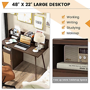 Tangkula Mid Century Desk with Hutch, 48” Writing Study Desk with PE Rattan Storage Cabinet & Shelves, Laptop PC Desk with Rubber Wood Legs, Compact Computer Workstation for Home Office (Brown)