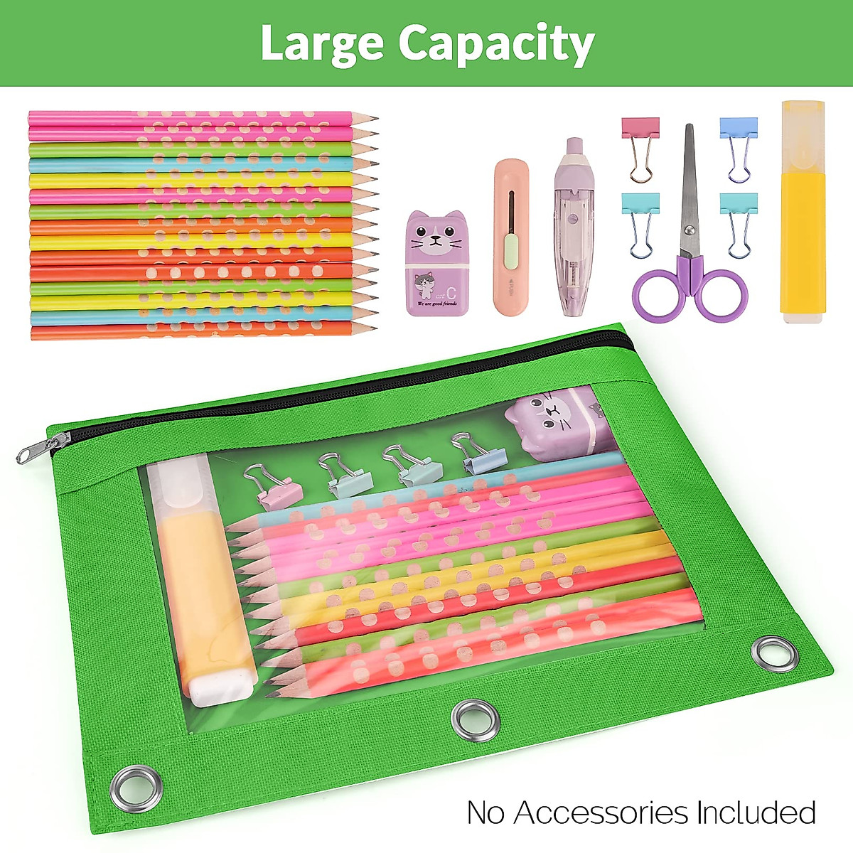 Sooez Pencil Pouch for 3 Ring Binder, 2 Pack Binder Pencil Pouch with Clear Window Pencil Bags with Zipper & Reinforced Grommets, Pencil Case for Binder Blue & Green