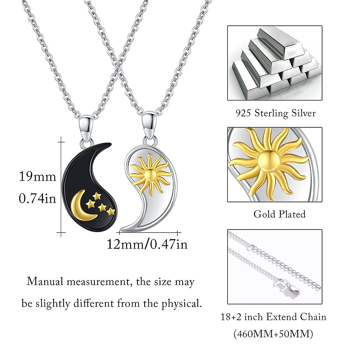 XIXLES Yin Yang Matching Necklace Set 925 Sterling Silver Moon And Sun Couples Necklaces, Yin Yang Matching Couple Jewelry for Friend Couples