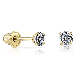 10k Yellow Gold Solitaire Round Cubic Zirconia Stud Earrings in Secure Screw-backs (3mm)………