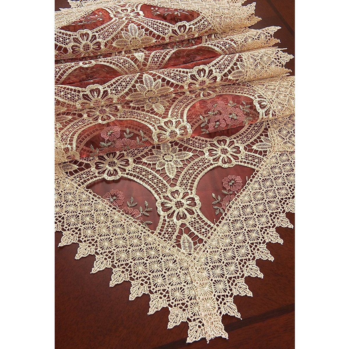 Simhomsen Antique Gold Lace Table Runner Embroidered Burgundy Organza 16 × 90 Inch