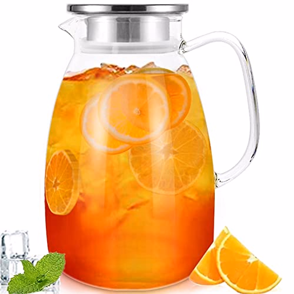 Bunhut Glass Pitcher with Lid,68 oz Water Pitcher for Hot Cold Drinks,Glass Water Pitcher with Insulated Handle,Large Glass Water Jar Made of High Borosilicate Glass,Easy to Clean