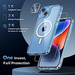 TAURI 5-in-1 Magnetic for iPhone 13 Case for iPhone 14 Case [Designed for Magsafe], with 2X Screen Protectors +2X Camera Lens Protectors, [Not-Yellowing] Magnetic Phone Case for iPhone 13/14, Clear
