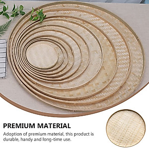 Healifty 4 Pcs Handwoven Flat Wicker Round Fruit Basket Woven Food Storage Weaved Shallow Tray Organiser Vegetable Fruit Bowl Kids DIY Drawing Board Wall Basket Decor for Kitchen Table Centerpiece