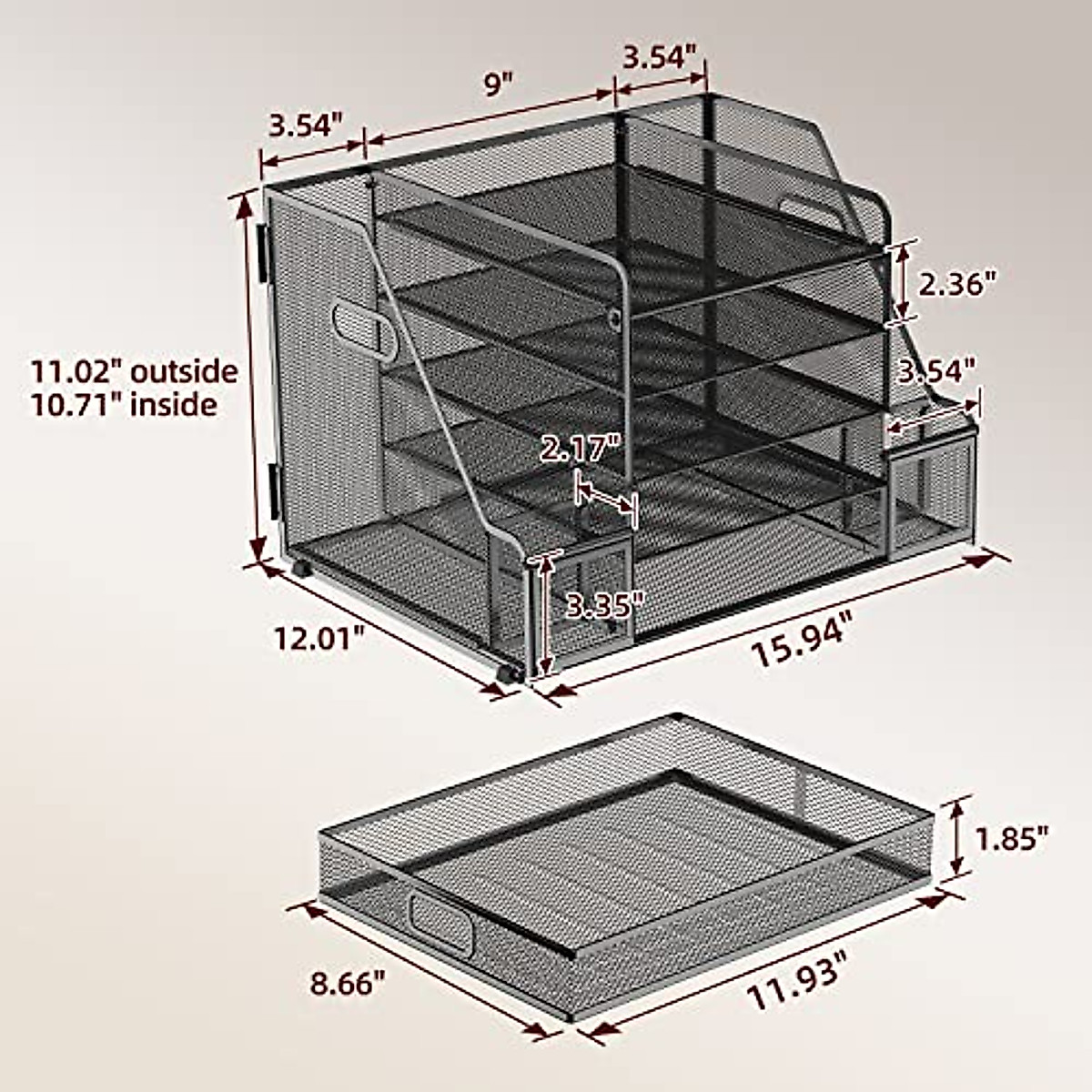 DALTACK Desk Organizer with File Holder, 5-Tier Paper Letter Tray Organizer with Magazine Holder and Drawer, Desk Organizers and Accessories for Office School Supplies, Black, Metal Mesh