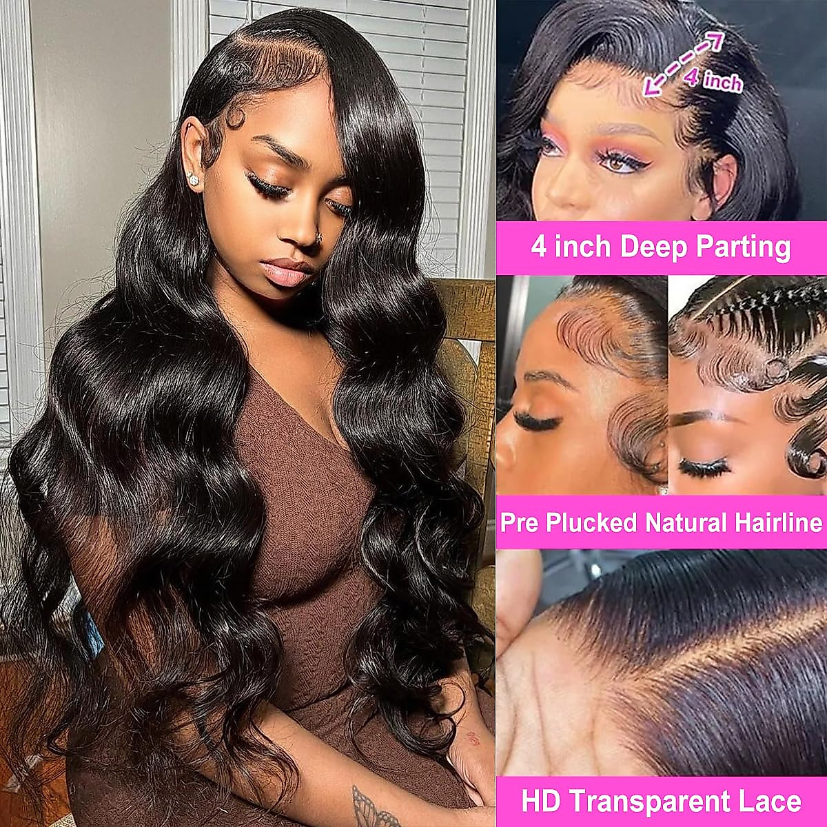 GABRIELLE 26 Inch Body Wave Frontal Wigs Human Hair HD Lace Front Wigs Human Hair 13x4 Body Wave Lace Frontal Wig 180% Density Pre Plucked Lace Wigs for Women Brazilian Human Hair Black Glueless Wigs