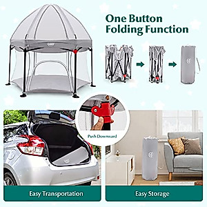 BABY JOY 53'' Outdoor Baby Playpen, Portable Large Play Yard for Babies and Toddlers w/Removable UV Canopy, Bag, Padded Mat, Foldable Travel Baby Beach Tent Play Pens for Both Indoors and Yard Grey