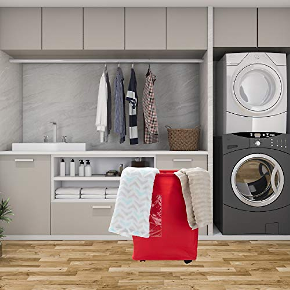 Mind Reader 65 Liter Rolling Laundry Hamper, Fabric Laundry Basket, Dirty Clothes Storage, Bathroom, Bedroom, Closet, Laundry Room, Red