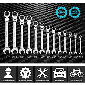 DURATECH Flex-Head Ratcheting Combination Wrench Set, SAE, 13-piece, 5/16'' to 1'', CR-V Steel, with Rolling Pouch