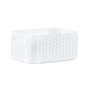 Superio Woven Plastic Storage Basket Box with Handles- Wicker Home Organizer Shelf Bins for Closet- Use for Socks, Jeans, Undershirts, Belts, Accessories (9 Quart, White)