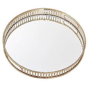HomDSim Vintage Gold Mirror Tray,Round Shape(12.6in) Ornate Geometric Brass Plated and Glass Display Storage Organizer,Jewelry Perfume Makeup Organizer Tray, for Dresser, Bathroom, Bedroom