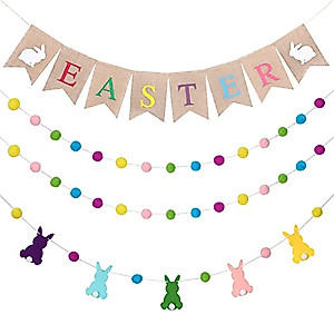Happy Easter Bunny Burlap Banner and 3 Pieces Easter Felt Ball Garland Bunny Decor Bunny Garland Colorful Pom Pom Garland Easter Spring Decor for Easter Spring Theme Party Home Indoor Outdoor Decor