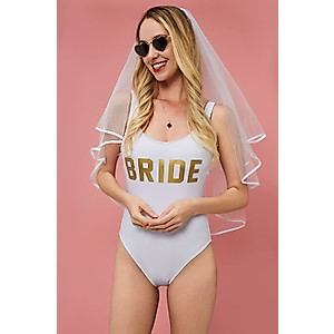 KUNG FU PARTY Bachelorette White Double Ribbon Edge Center Cascade Bridal Wedding Veil with Comb& Bride to Be Satin Sash (White Veil+White Sash)