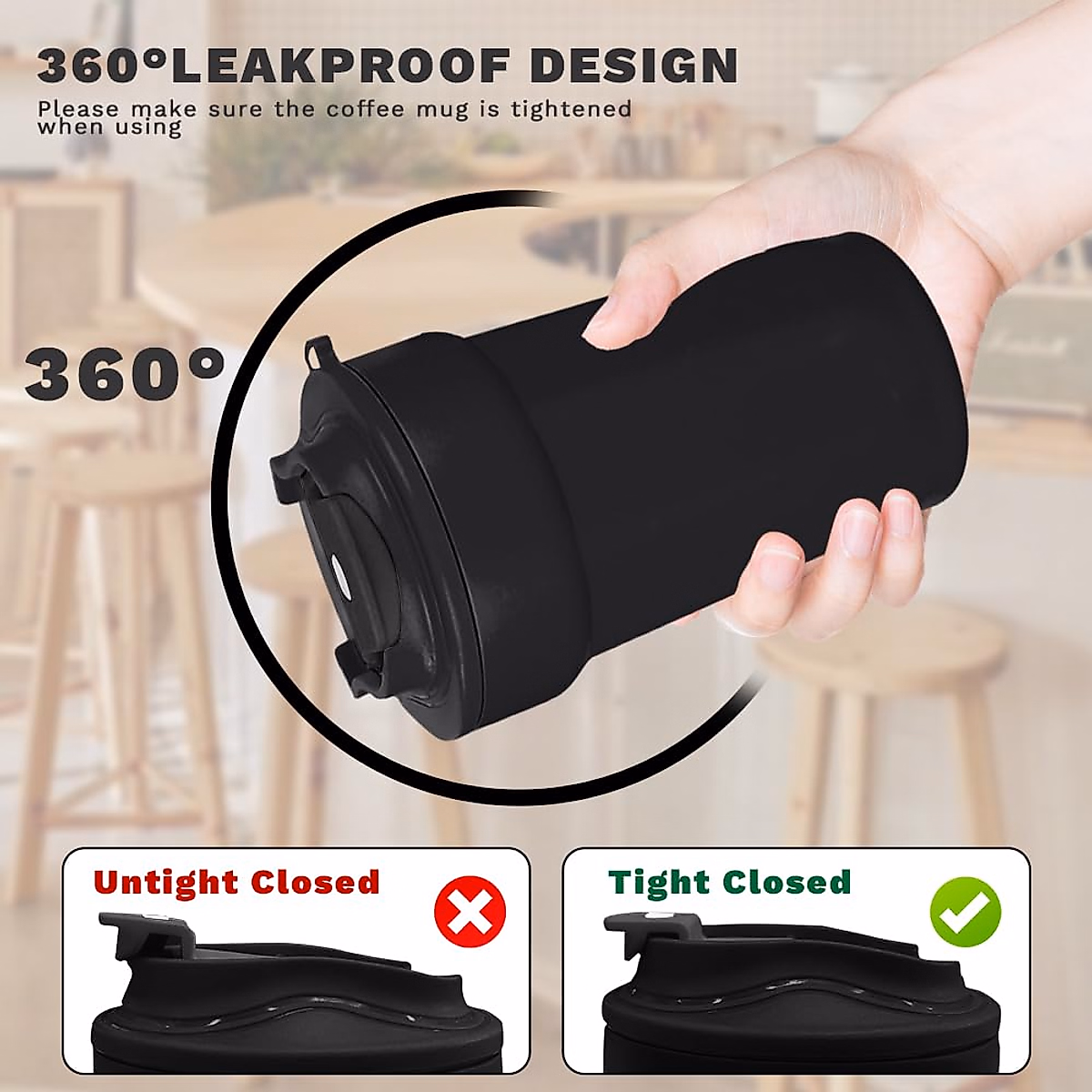 Coffee Travel Mug Spill Proof Leak Proof 15 oz,Insulated Coffee Mug with Lid,Best Coffee to Go Cups Reusable,Small Coffee Thermos No Handle for Men and Women for Hot & Cold Drinks-Black