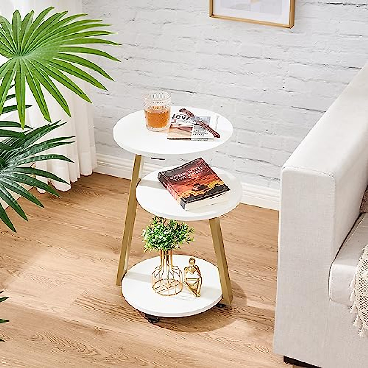 BEWISHOME Round End Table Side Table with Metal Frame, Accent Table Nightstand Bedside Table with 3-Tier Shelves, Small Table for Living Room Bedroom Couch Table Small Coffee Table White Gold KTZ41M
