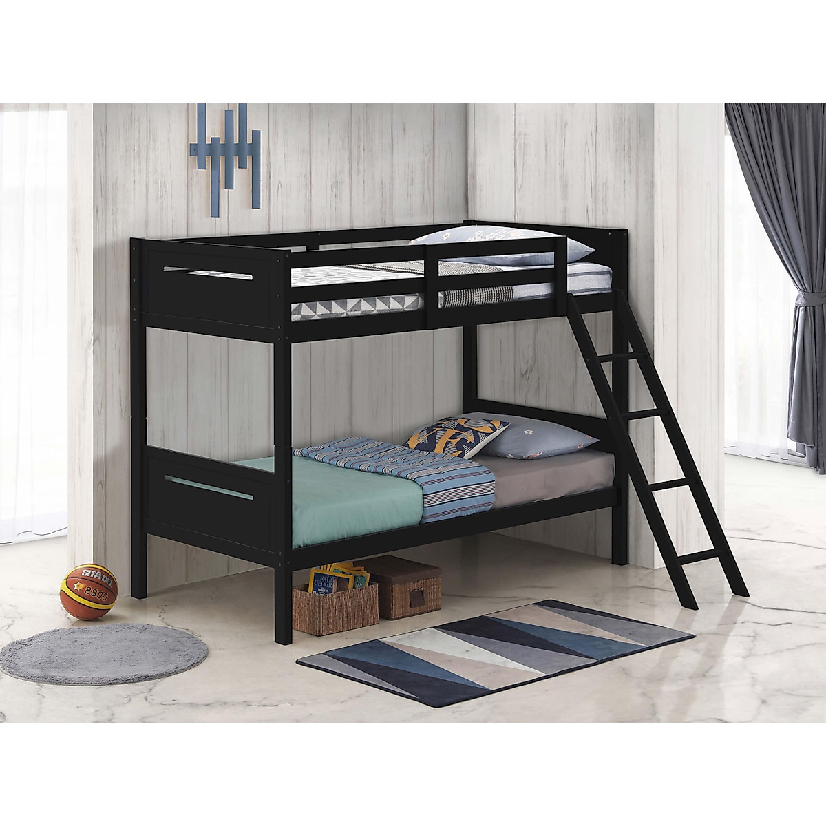 Coaster Home Furnishings Littleton Transitional Wood Twin Over Twin Size Bunk Bed Frame with Ladder and Guardrails Fully Slatted Mattress Ready Foundation Black 405051BLK