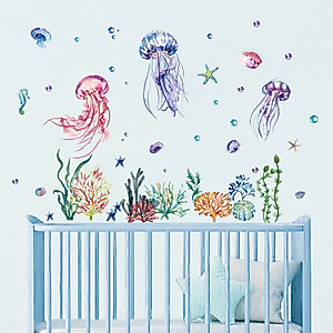 wondever Under The Sea Jellyfish Wall Stickers Ocean Seaweed Peel and Stick Wall Art Decals for Baby Nursery Kids Bedroom Bathroom