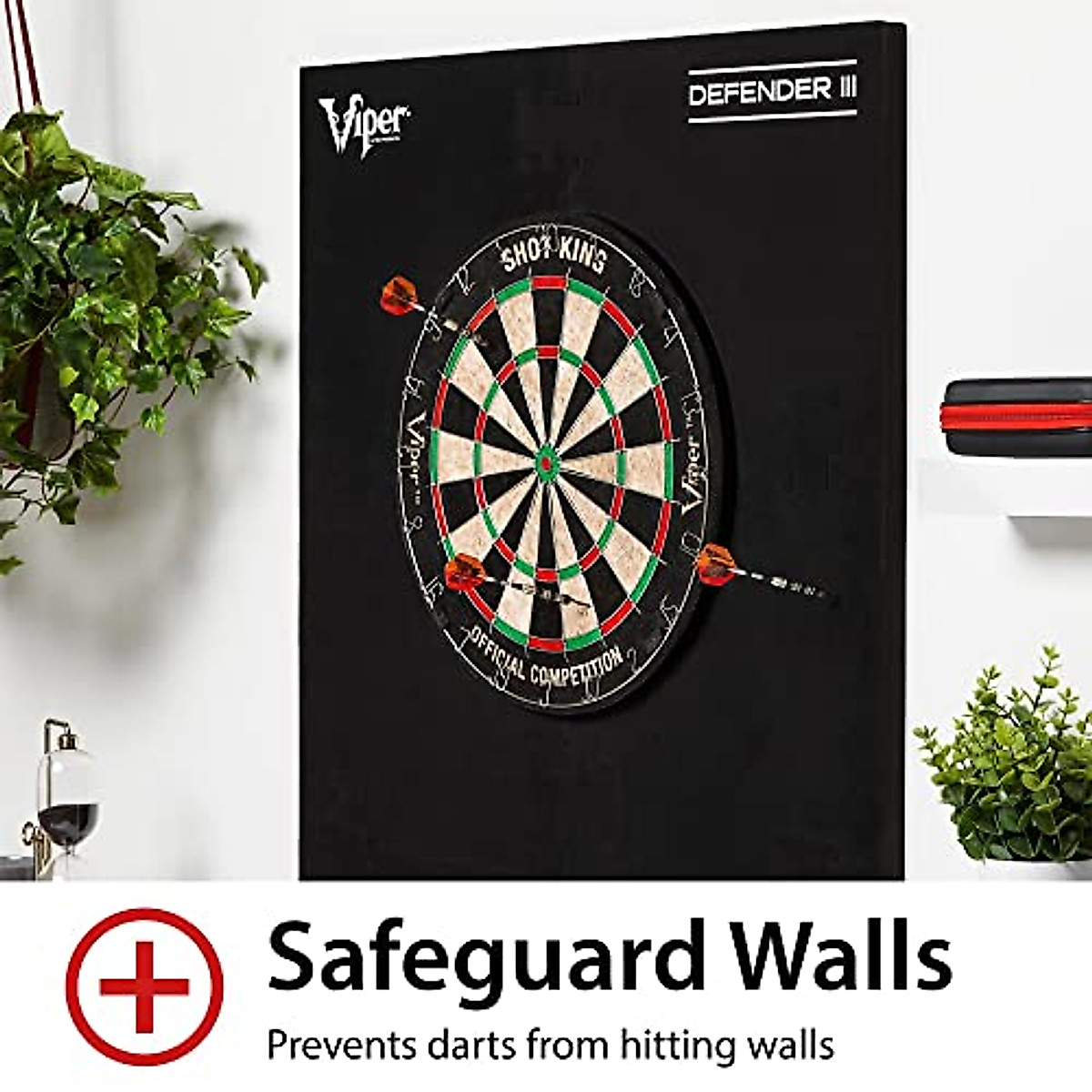 Viper Defender III Backboard & Sisal/Bristle Steel Tip Dartboard Bundle: Elite Set (Razorback Dartboard,Defender III Backboard, Edge Throw Line, 21pc Jar of Darts),black/yellow