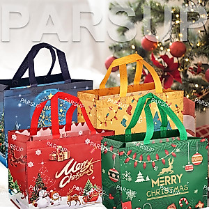 PARSUP 8PCS Christmas Bags,Christmas Tote Bags with Handles, Xmas Treat Bags, Multifunctional Non-Woven Bags for Gifts Wrapping Shopping, Basket Party Supplies, 12.8"×9.8"×6.7"