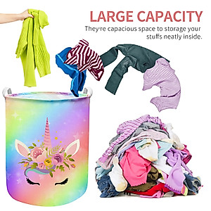 Aynaxcol Unicorn Laundry Basket Hamper Large Sized Round Storage Basket Waterproof Bin Collapsible Laundry Basket for Room Organizer, Bedroom Nursery Playroom Clothes (62.8L)