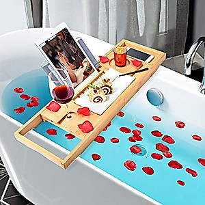 Bamboo Bathtub Trays Bath Table Expandable Luxury Caddy Tray with Extending Sides, Cellphone,Book,Tray and Wineglass Holder- Gift Idea for Loved Ones