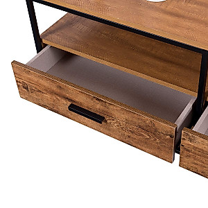 Giantex Coffee Table Two Tiers W/Drawers Storage Metal Solid Frame, Natural Wood Decorative Line Pattern, for Living Room Bedroom Accent Cocktail Sofa Side Table