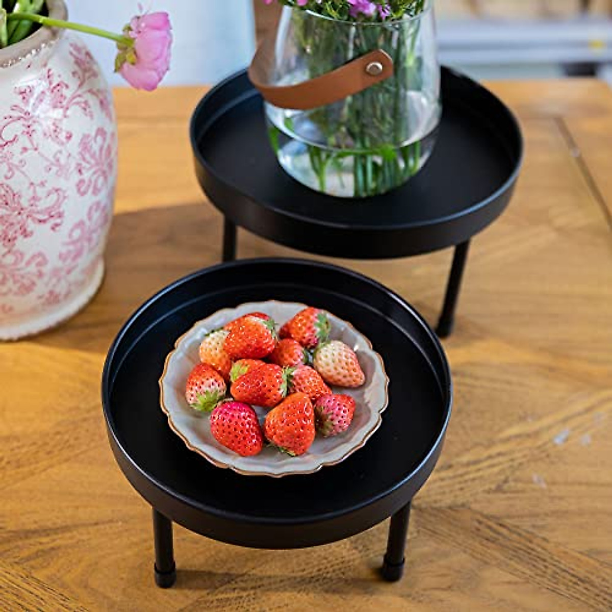 Defined Deco Black Metal Pedestal Stand,Set of 2 Stackable Cake Stand,Food Display Riser,Cupcake Stands Display,Dessert Display Plate Serving Tray for Baby Shower Wedding Birthday Party.