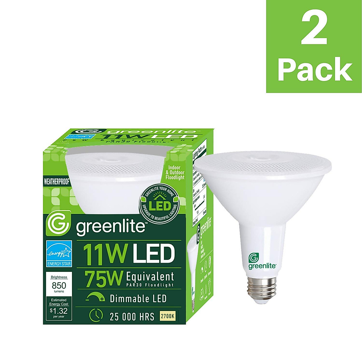 Greenlite LED PAR30 Long Neck Dimmable Flood Light Bulb, 11W (75W Equivalent), 850 Lumens, 2700k Soft White, Indoor/Outdoor, Weatherproof, 120V, Energy Star, (2 Pack)