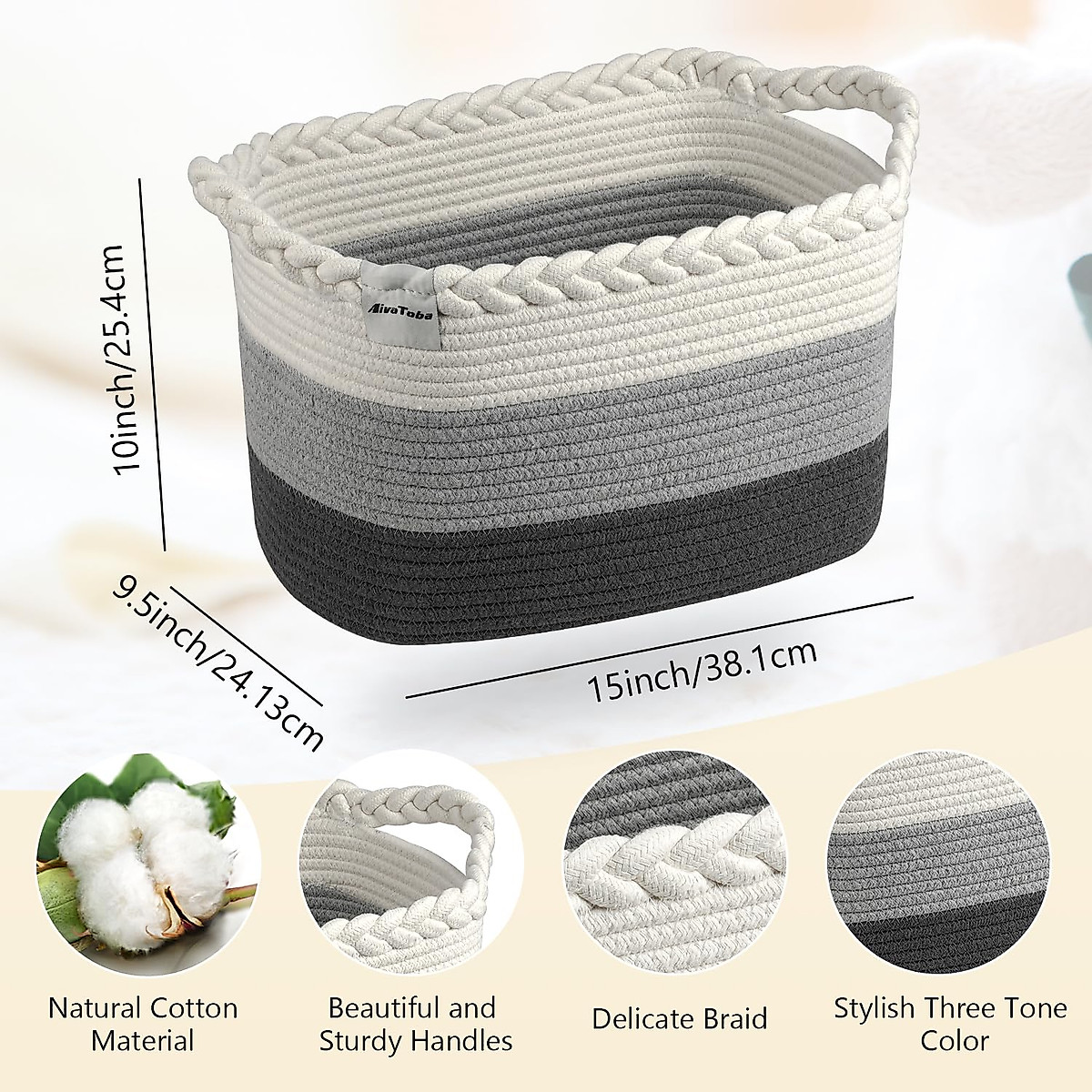 AivaToba 3 Pack Storage Basket: Toy Basket Cotton Rope Basket with Handles - Decorative Basket for Clothes, Blankets, Toys, Books（ 13.4” x 8” x 9” ）