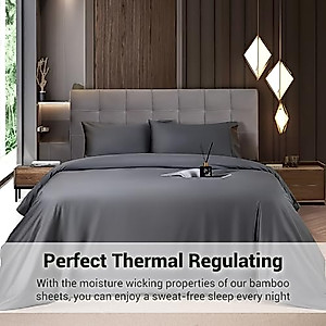 Shilucheng 4-Piece Queen Size Sheets Set，Rayon Derived from Bamboo_，Cooling & Breathable Bed Sheets, Silky Bedding Sheets & Pillowcases, 16 Inch Deep Pockets (Queen,Dark Grey)