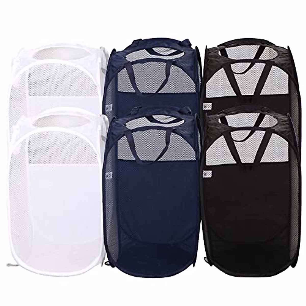 6 Pcs Mesh Popup Laundry Hamper (Black/White/Blue),Popup Laundry Basket with Durable Handles,Foldable Pop-up Mesh Hamper Dirty Clothes Basket for Kids Room, College Dorm or Travel