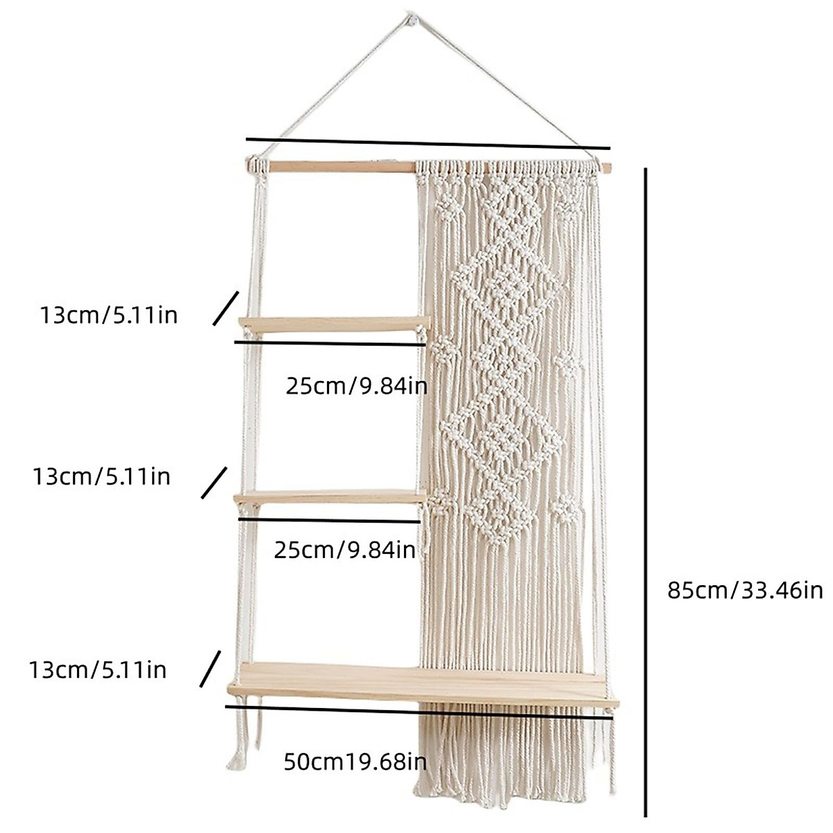 MIATTCLD Macrame Wall Hanging Shelf Boho Wood Floating Storage Shelf, 3 Tier Display Shelving for Hanging Plants Photos, Rustic Wall Decor with Tassel and Woven Rope for Home Bedroom Living Room