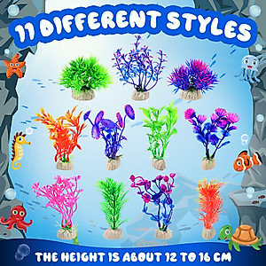 Jexine 100 Pcs Fish Tank Rocks Glow Blue, Fish Tank Stones Accessories Gravel with 10 Pack Artificial Aquatic Plants Fish Tank Plants Plastic Coral Reef Decorations for Aquariums