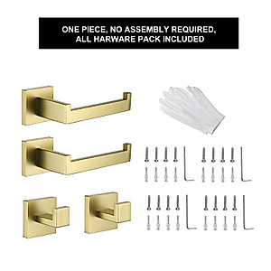 LANC 4 Piece Gold Bathroom Hardware Set, Square Brushed Gold 2 Pack Toilet Paper Holder and 2 Robe Towel Hooks, Stainless Steel Wall Mounted 2 Tissue Roll Holder and Coat Hooks Hanger, A8857BG
