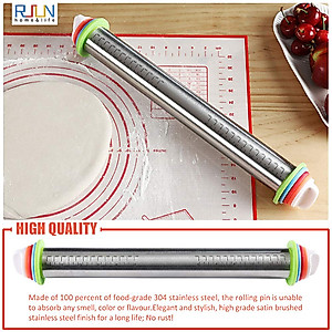 RJUN Stainless Steel Rolling Pin with Thickness Rings and Pastry Mat Set for Baking Cookie Chapati Fondant Dough Pastry Pizza Pie Crust